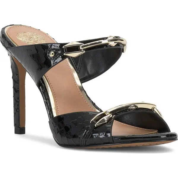 Vince Camuto Ambra Leather Stiletto Sandals - Black Glossy Cut Snake