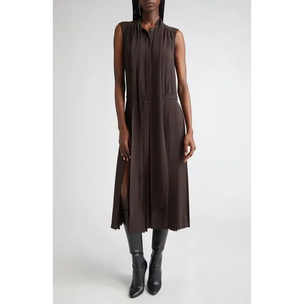 Michael Kors Pleated Tie Neck Sleeveless Silk Shirtdress