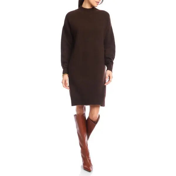 Karen Kane Mock Neck Long Sleeve Sweater Dress - Chocolate