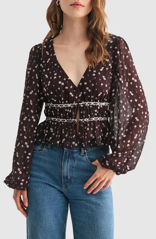 ALL IN FAVOR Lace Inset Tie Front Top - Burgundy Cream Daisy