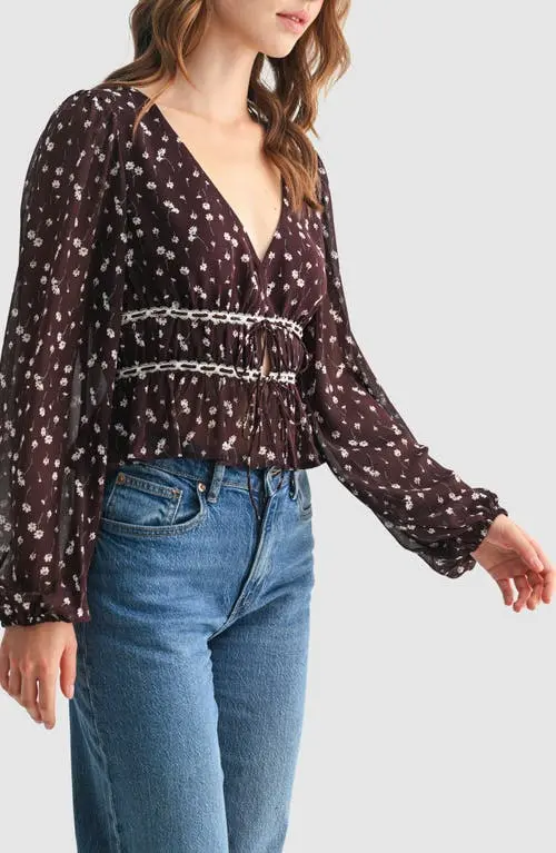 ALL IN FAVOR Lace Inset Tie Front Top - Burgundy Cream Daisy