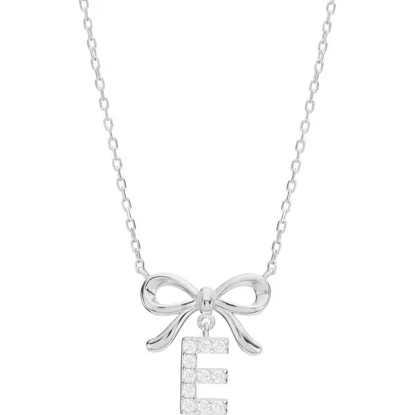 ATHRA LUXE Cubic Zirconia Bow Initial Pendant Necklace - E Silver