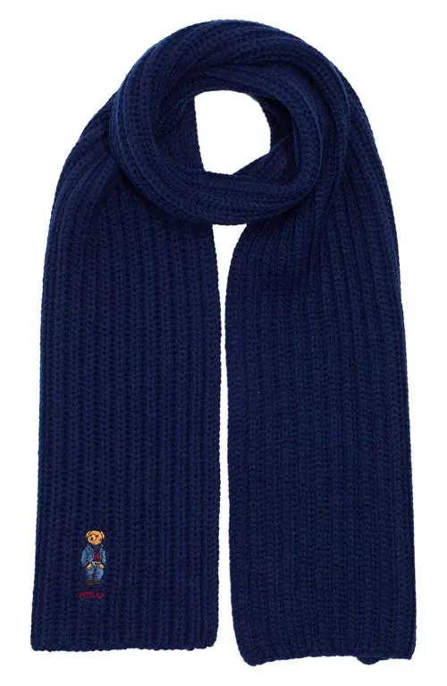 Polo Ralph Lauren Embroidered Bear Wool Blend Scarf - Hunter Navy