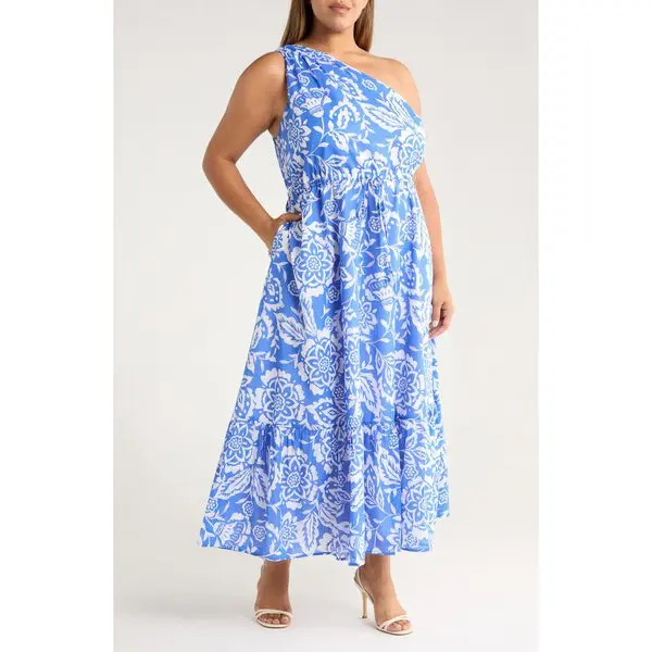 SUGARLIPS Floral Cotton One-shoulder Maxi Dress - Blue/white