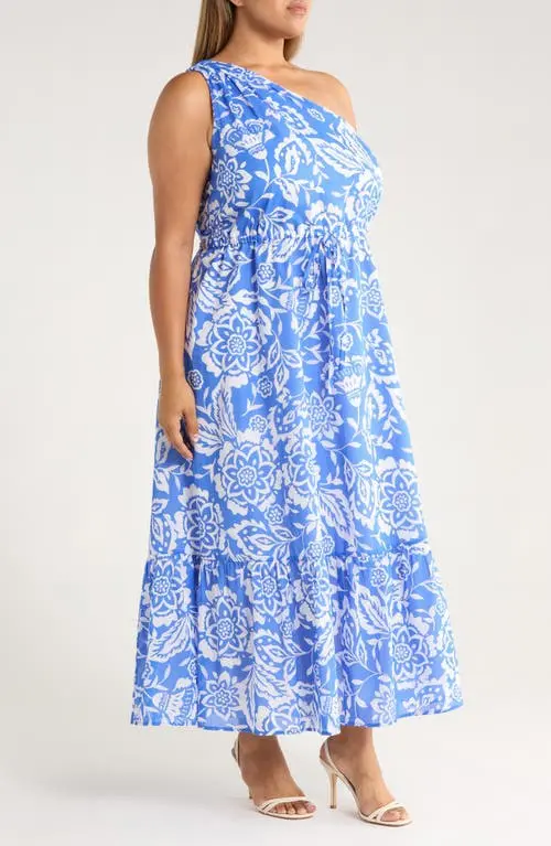 SUGARLIPS Floral Cotton One-shoulder Maxi Dress - Blue/white