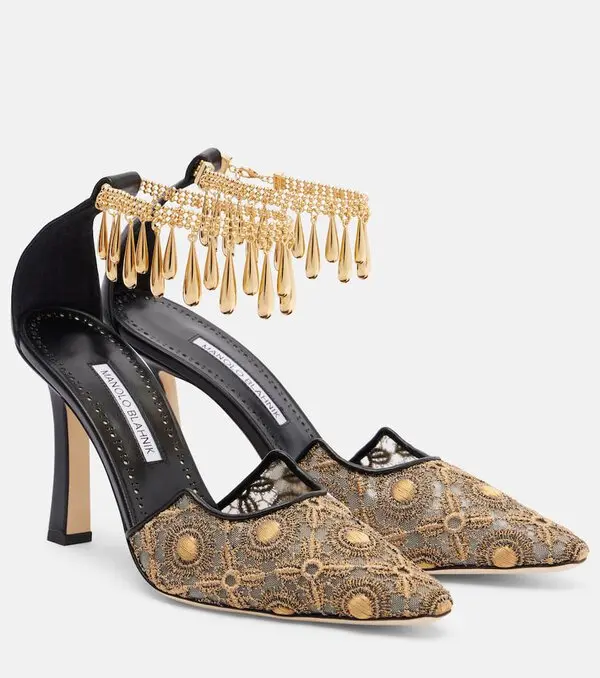Manolo Blahnik Harnicus 105 Leather-trimmed Lace Pumps - Gold