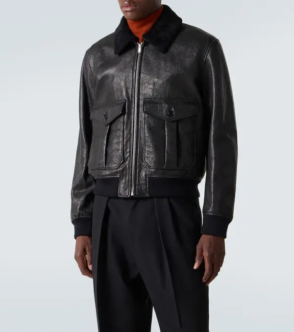 Saint Laurent Shearling-trimmed Leather Bomber Jacket - Black