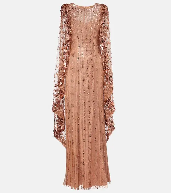 Jenny Packham Blaize Caped Embellished Gown - Pink