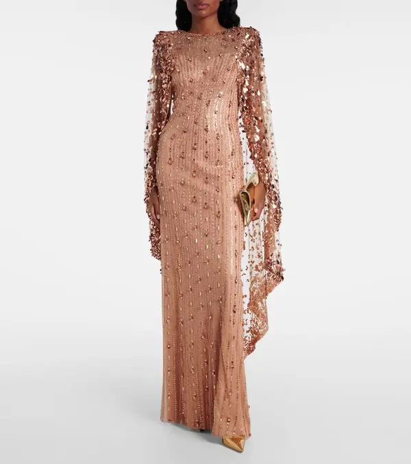 Jenny Packham Blaize Caped Embellished Gown - Pink