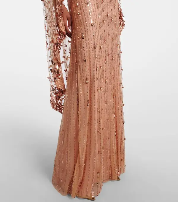 Jenny Packham Blaize Caped Embellished Gown - Pink
