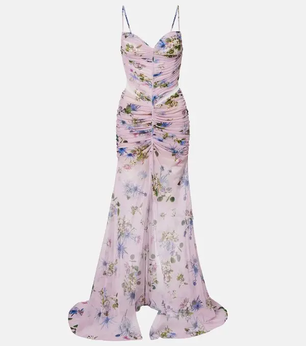 Blumarine Floral Ruched Sheer Gown