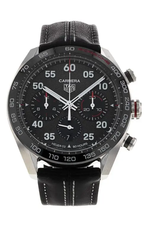 WATCHFINDER & CO. Porsche X Carrera Chronograph Leather Strap Watch - Grey