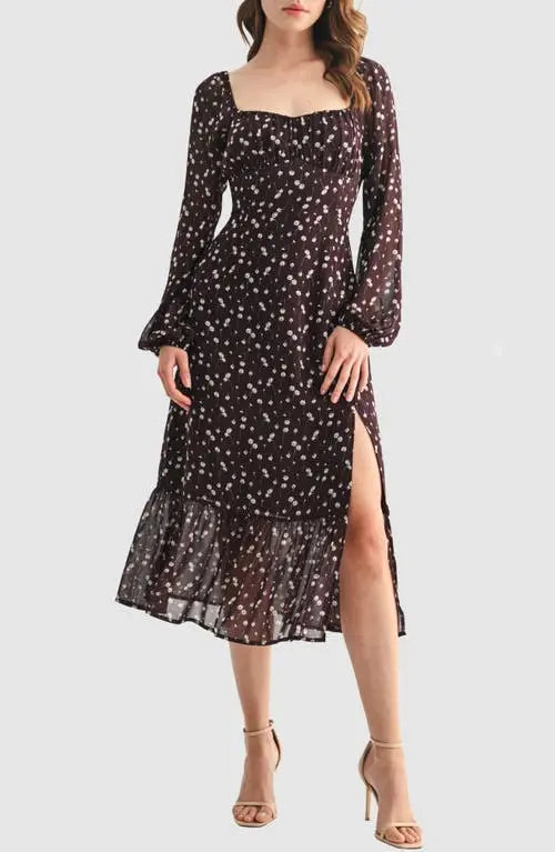 All In Favor Floral Long Sleeve Ruffle Hem Midi Dress In Burgundy Cream  Daisy - 60% Off | Editorialist