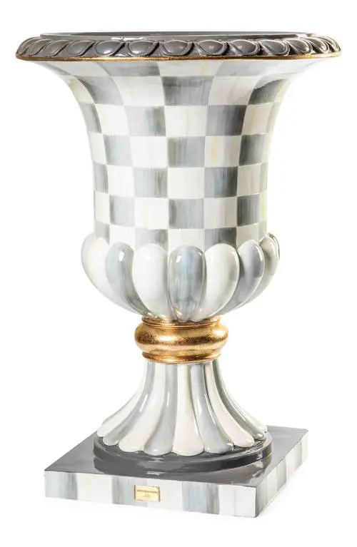 MACKENZIE-CHILDS Sterling Check Pedestal Urn - Grey/white