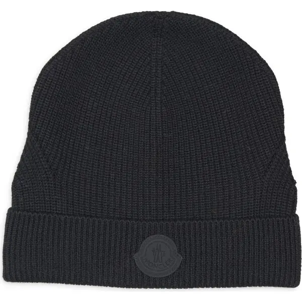 Moncler Logo Patch Virgin Wool Beanie - Black