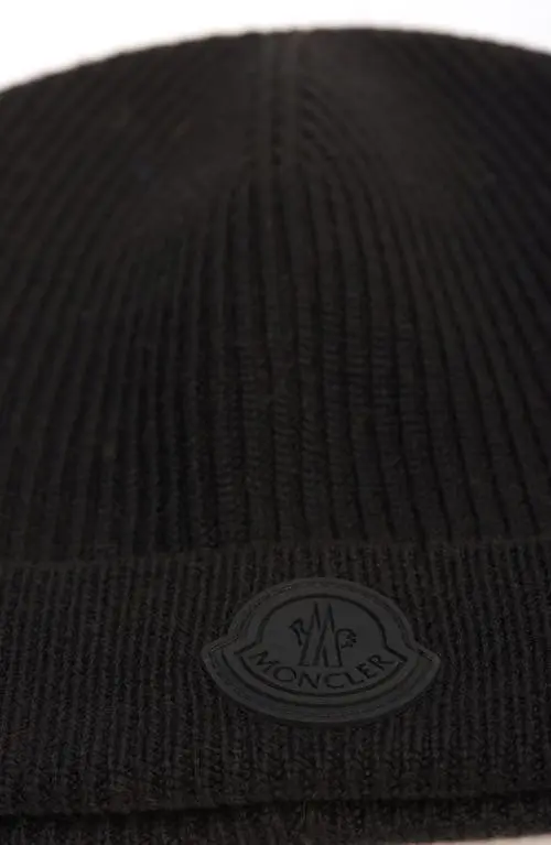 Moncler Logo Patch Virgin Wool Beanie - Black