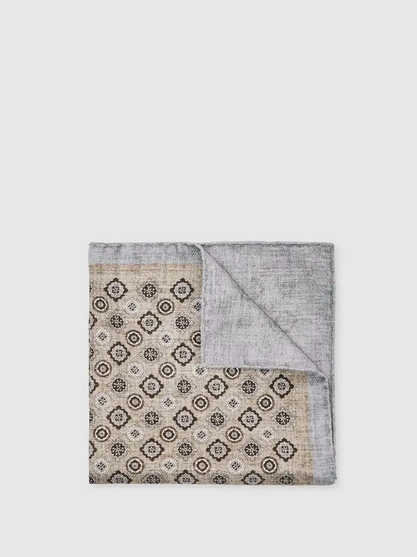 REISS Costanzo Silk Medallion-print Pocket Square - Oatmeal Melange