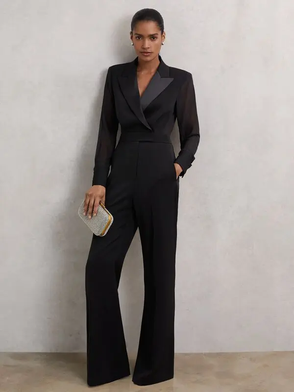 REISS Perla Sheer-sleeve Tuxedo Jumpsuit - Black