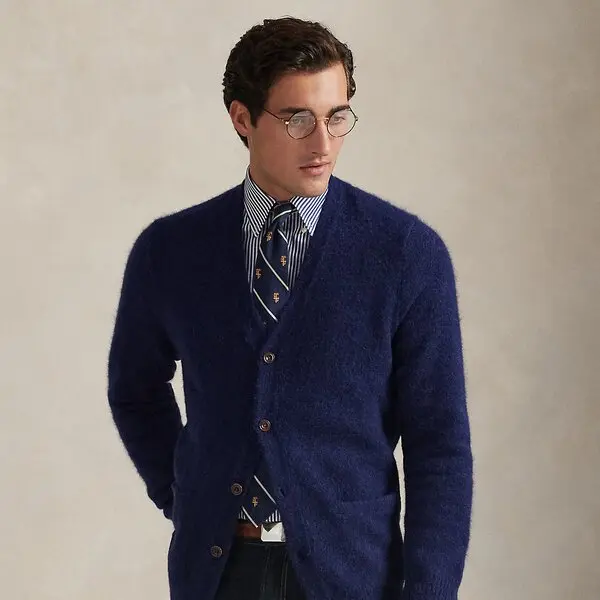 Ralph Lauren Wool-blend Cardigan With Suede Patches - Bright Navy