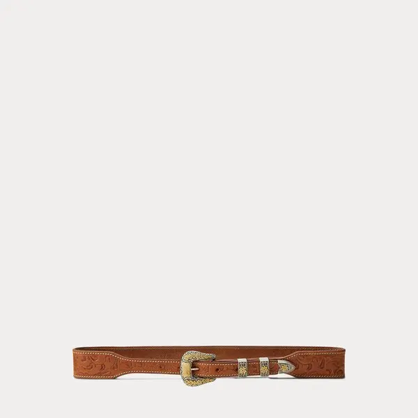 Ralph Lauren Tooled Vachetta Leather Belt - Rl Gold