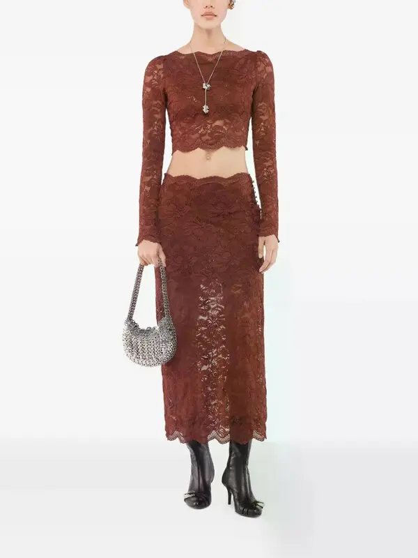 Rabanne Floral Lace Midi Skirt - Brown