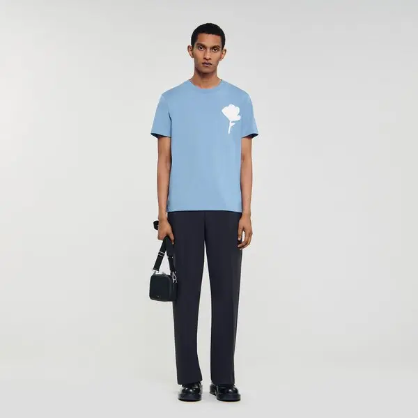 Sandro T-shirt With Flower Patch - Chambray