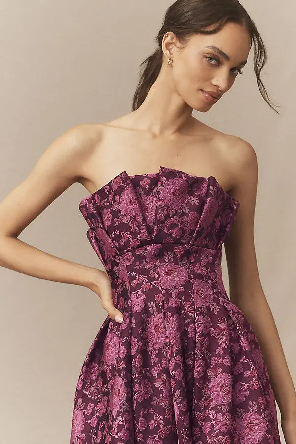 knee length dresses for ladies Pink Floral Brocade Strapless A Line Midi Dress main image 0