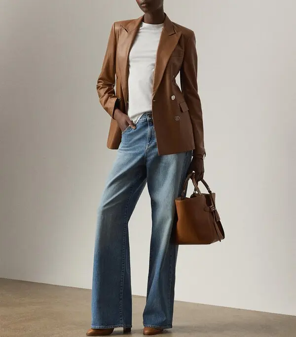 Ralph Lauren Leather Double-breasted Blazer - Beige