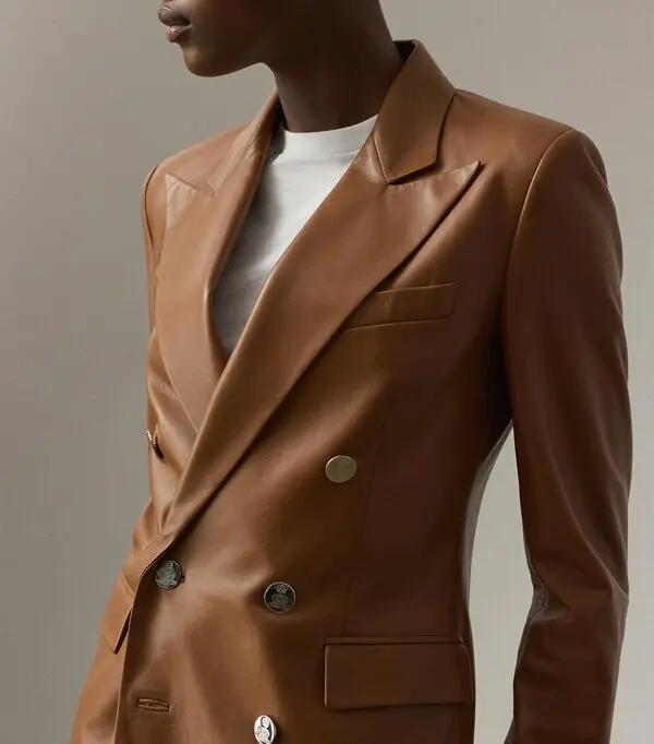 Ralph Lauren Leather Double-breasted Blazer - Beige