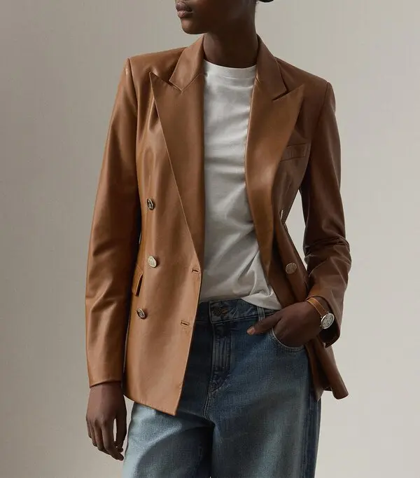 Ralph Lauren Leather Double-breasted Blazer - Beige
