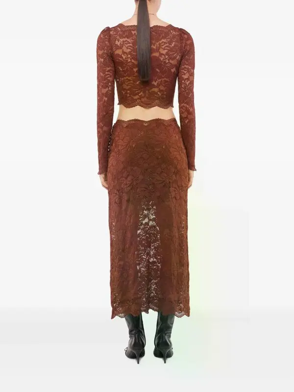 Rabanne Lace Floral Midi Skirt - Brown