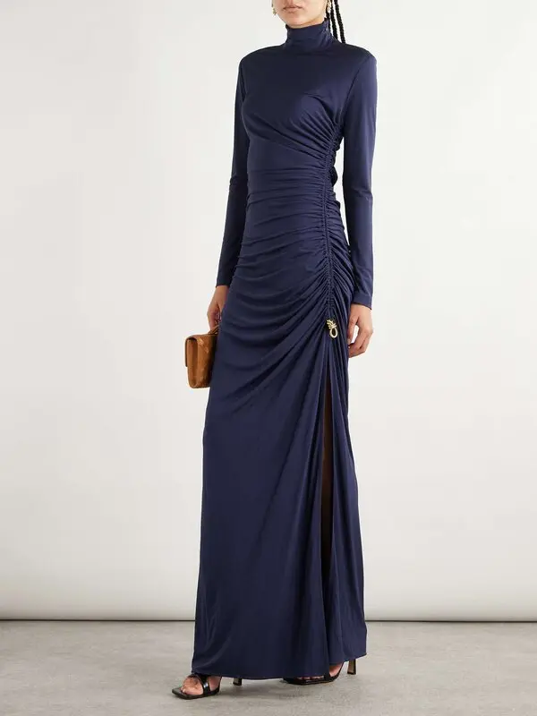 Bottega Veneta Embellished Ruched Jersey Turtleneck Maxi Dress