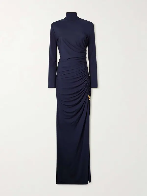 Bottega Veneta Embellished Ruched Jersey Turtleneck Maxi Dress