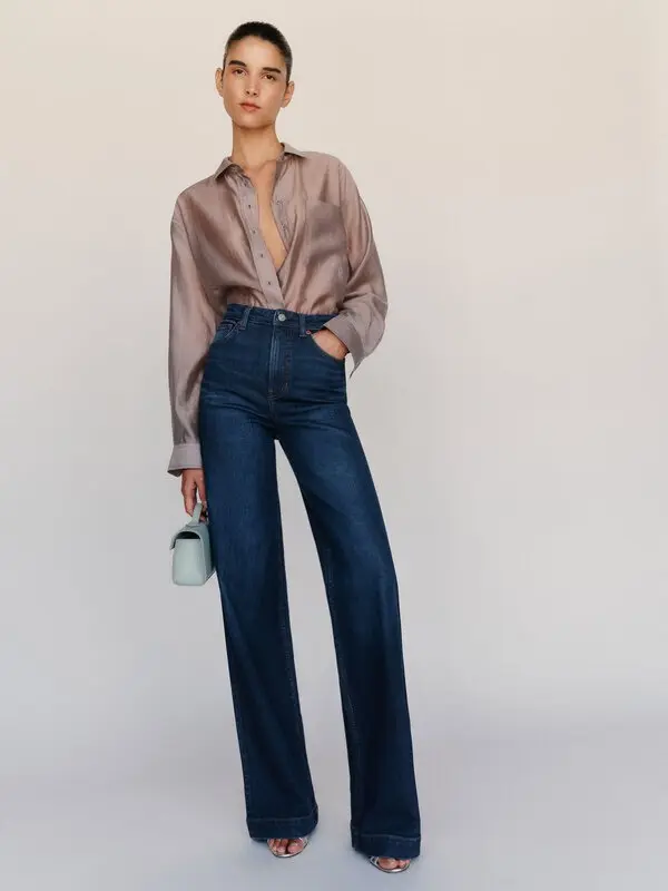 REFORMATION Bex Super Stretch High Rise Wide Leg Short Jeans Denim - Blue