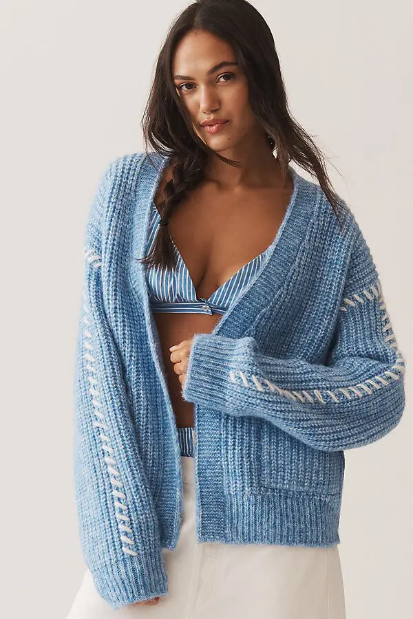 FLAT WHITE Stitched Cardigan Sweater - Blue/white