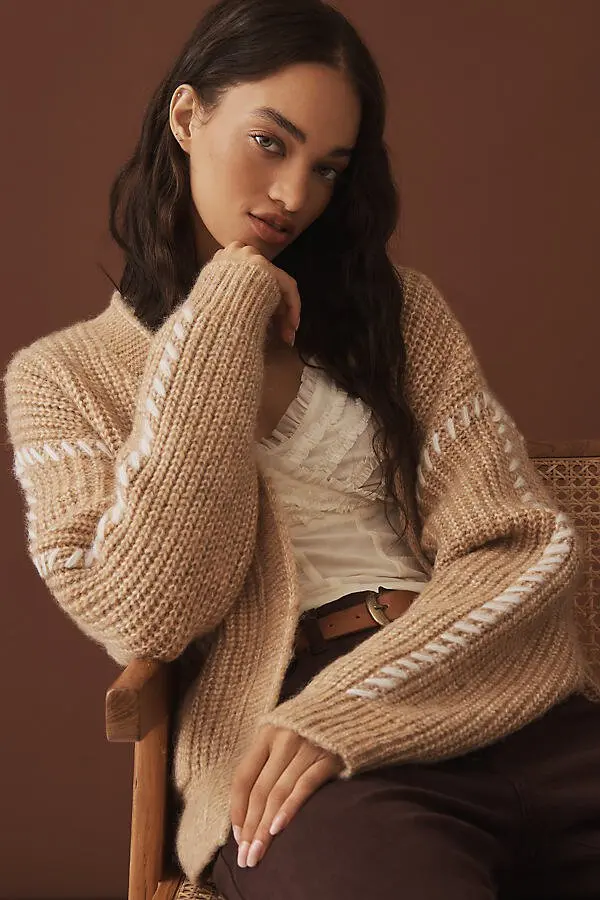 FLAT WHITE Stitched Cardigan Sweater - Camel/creme