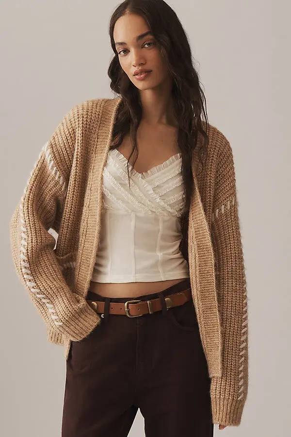 FLAT WHITE Stitched Cardigan Sweater - Camel/creme