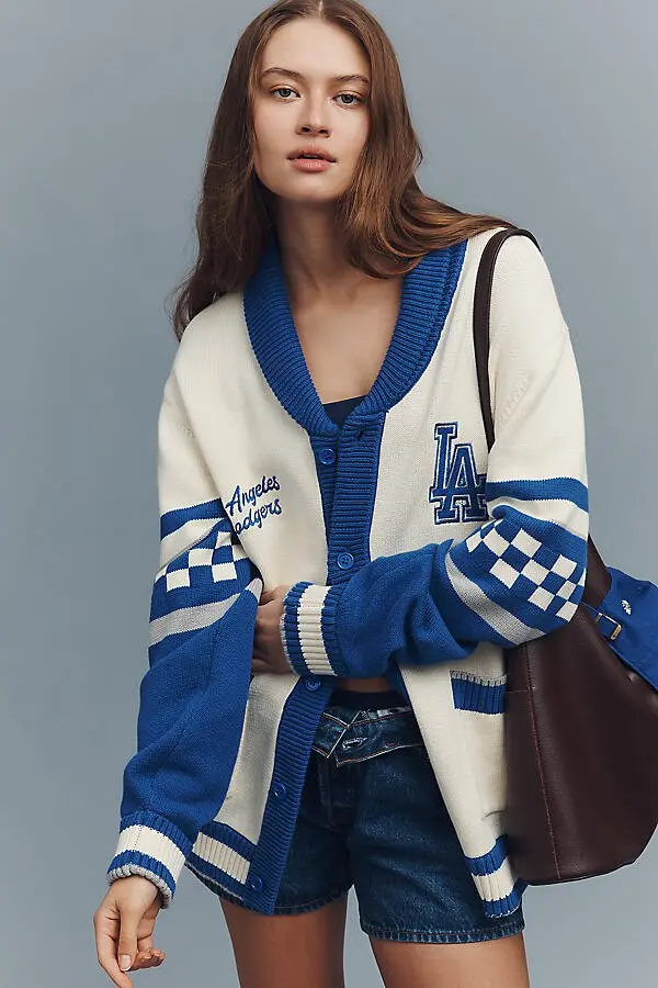 LA Dodgers カーディガン ライトブルー The Wild Collective X Anthro La Mlb Cotton Cardigan Sweater - Blue