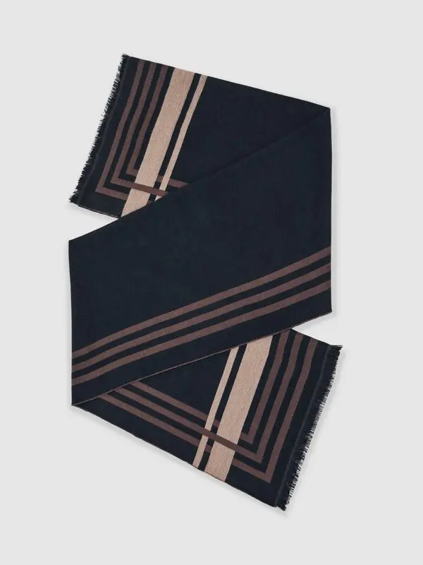 REISS Camila Border Stripe Fringed Scarf - Navy