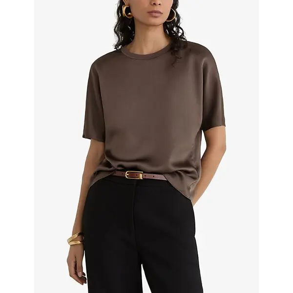 REISS Lena Short-sleeve Silk Top - Mauve