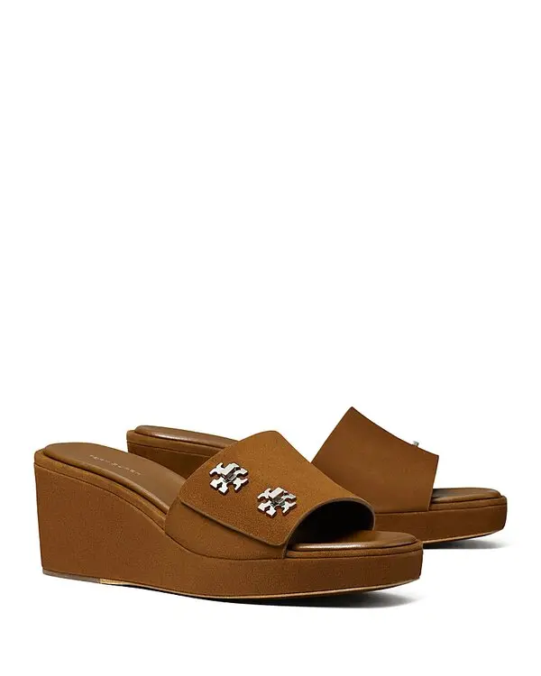 Tory Burch T Lock Suede Wedge Sandals - Cognac Brown