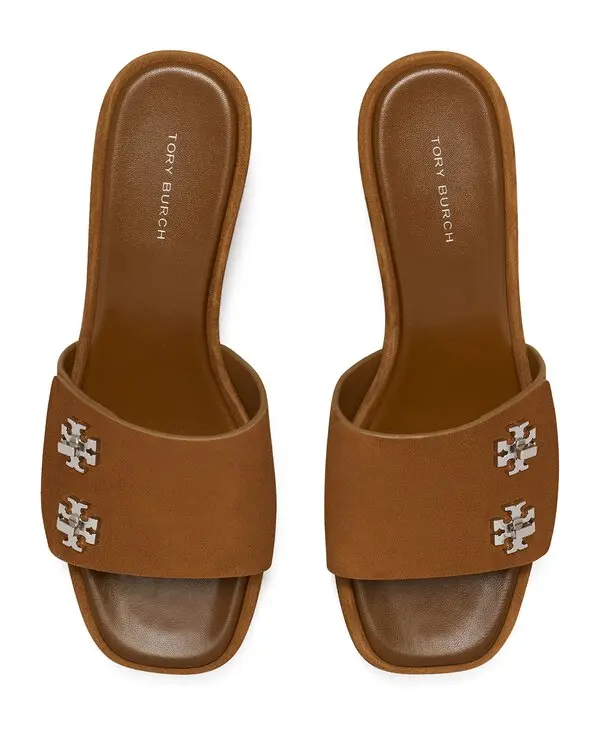 Tory Burch T Lock Suede Wedge Sandals - Cognac Brown