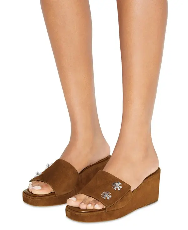 Tory Burch T Lock Suede Wedge Sandals - Cognac Brown