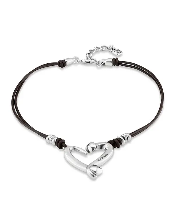 UNODE50 Heart Pendant Leather Strap Necklace - Silver