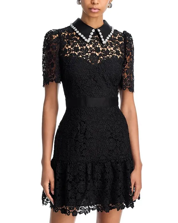 Aqua Pearl Trim Lace Mini Dress In Black - 20% Off