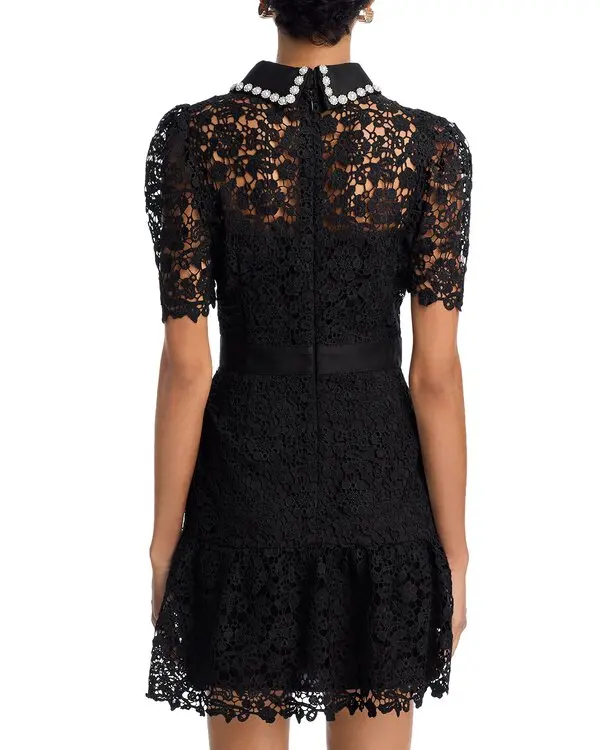 Aqua Pearl Trim Short Sleeve Lace Mini Dress - exclusive - Black - L