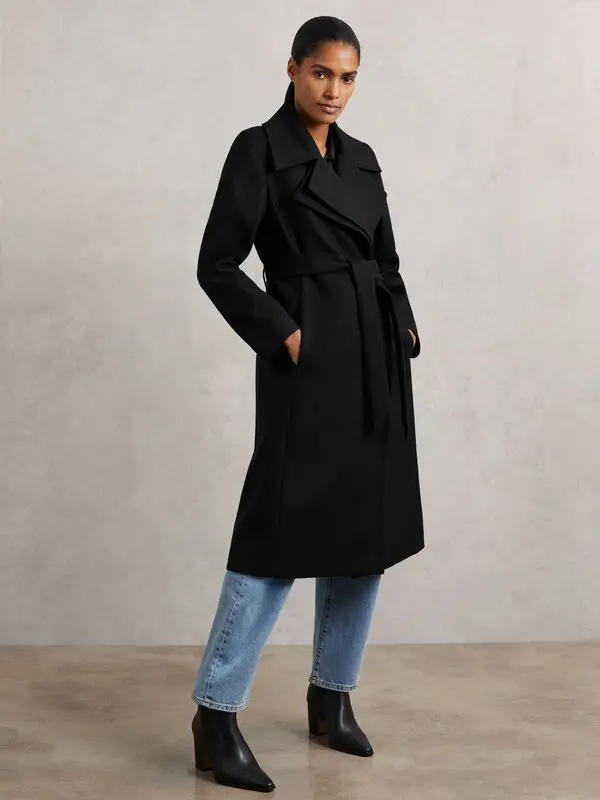 REISS Odette Wool-blend Belted Coat With Cashmere - Black