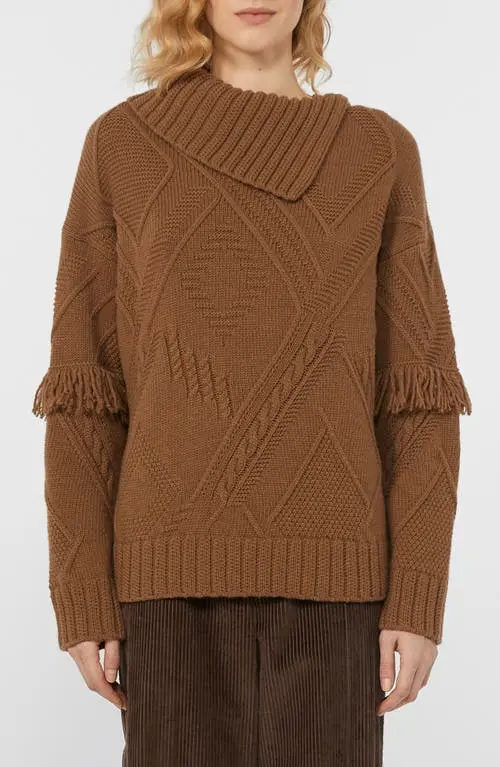 Max Mara Mastro Fringe & Cable Detail Virgin Wool Sweater - Hazelnut Brown