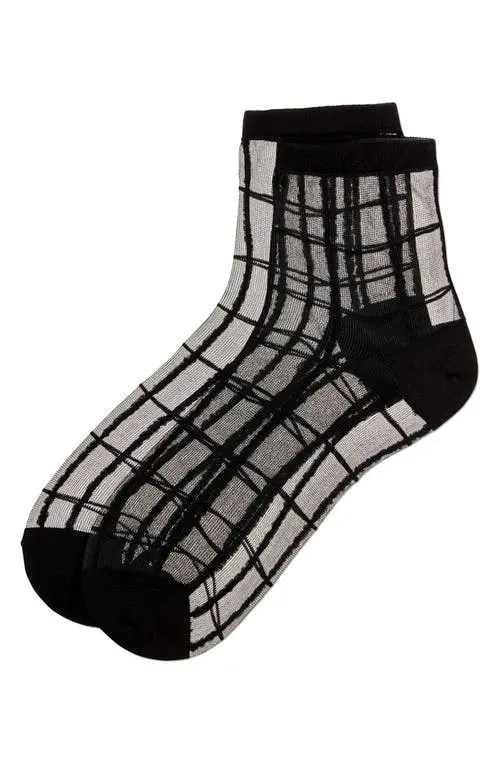 MEMOI Sheer Plaid Ankle Socks - Black