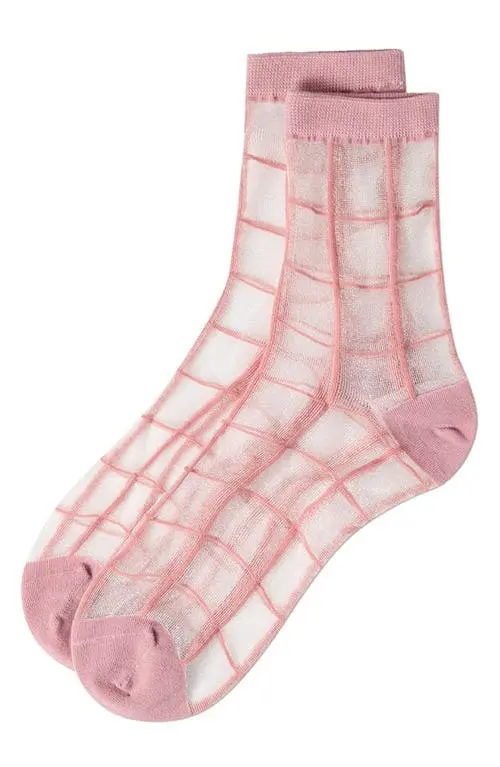 MEMOI Sheer Plaid Ankle Socks - Cameo Rose